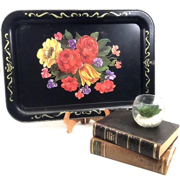 Accents | Metal Serving Tray Toleware Tole Red Roses Floral Cottage ...